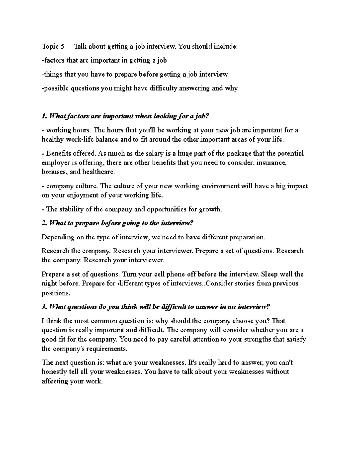 Speaking-5 - Speaking topic 5 - Topic 5 Talk about getting a job ...