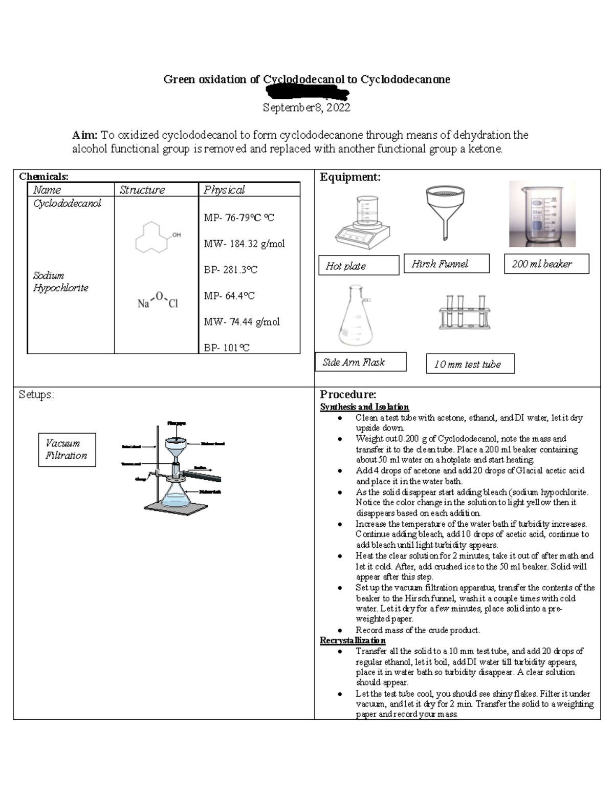 Green oxidation Lab 1 orgo 2 - Green oxidation of Cyclododecanol to ...