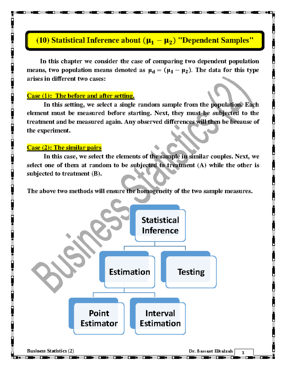 Lec 10 - STA241 - Bus. Stat. (2) - Statistical Inference about (μ 1-μ 2) Dependent Samples ...