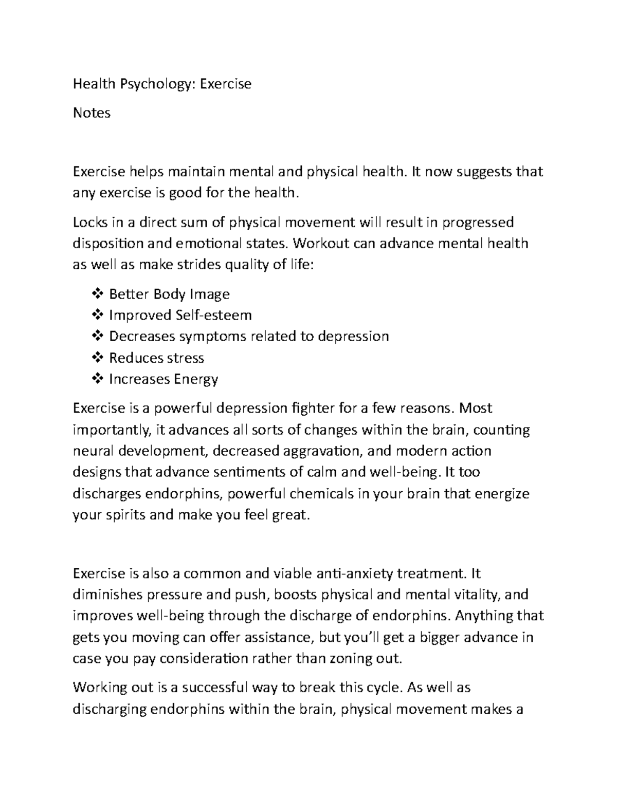 Exercise Health Psychology - Health Psychology: Exercise Notes Exercise ...
