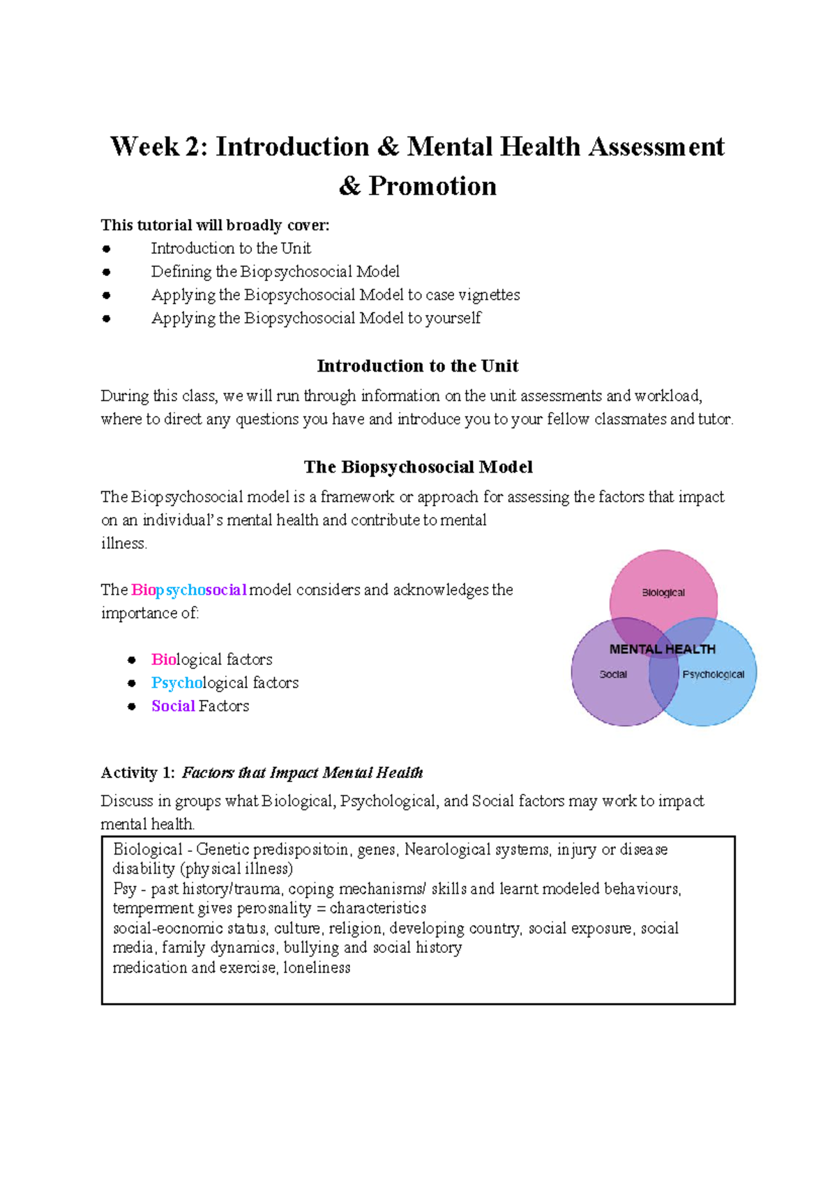PMH1011 Week 2 Tutorial - Week 2: Introduction & Mental Health ...