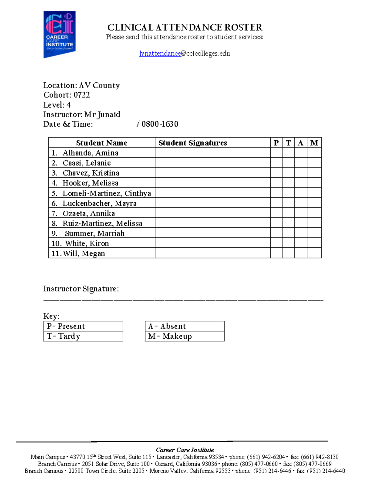 0722 Clinical Attendance Roster - CLINICAL ATTENDANCE ROSTER Please ...