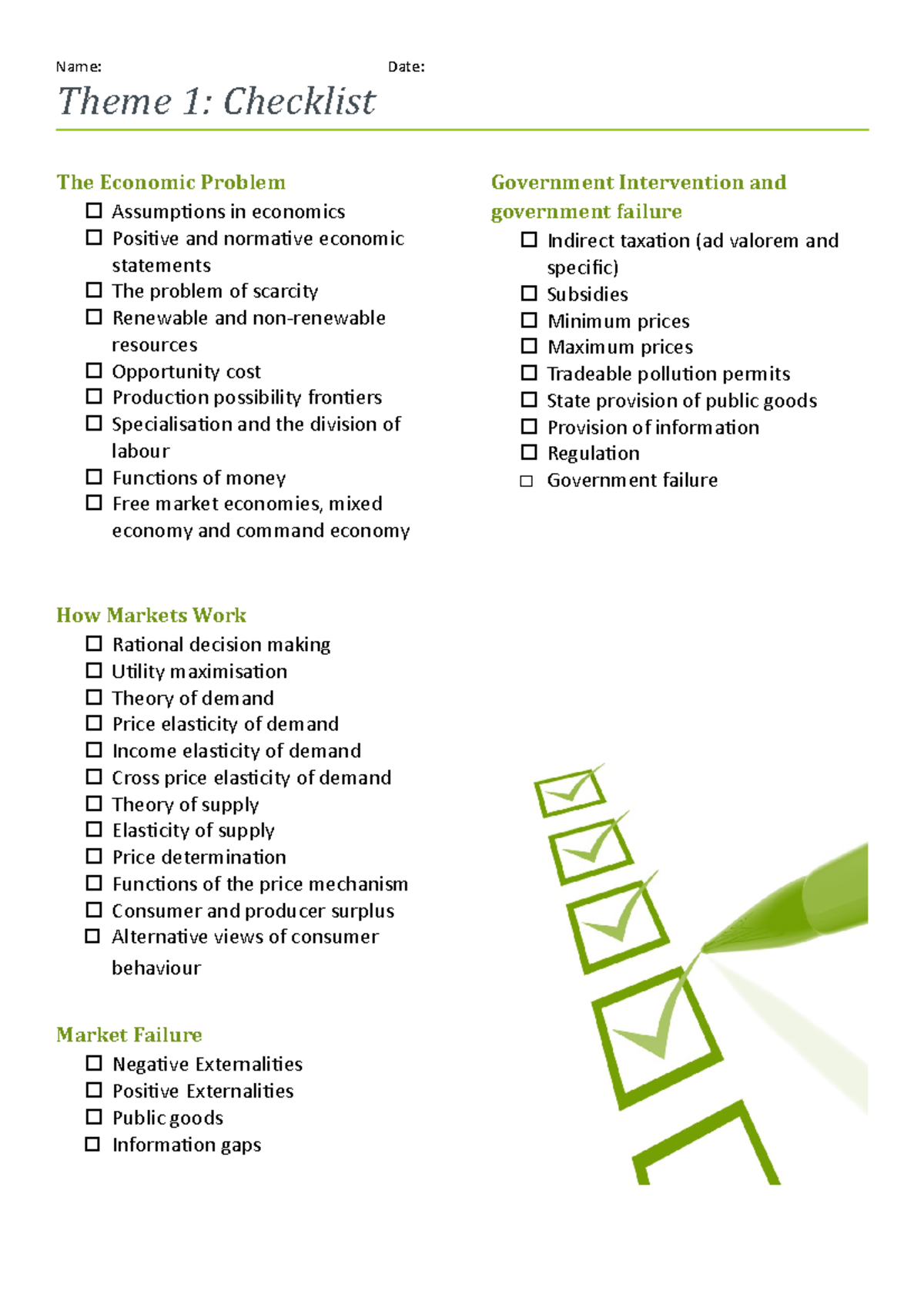 Theme 1 Checklist - exam timetable - Name: Date: Theme 1: Checklist The ...