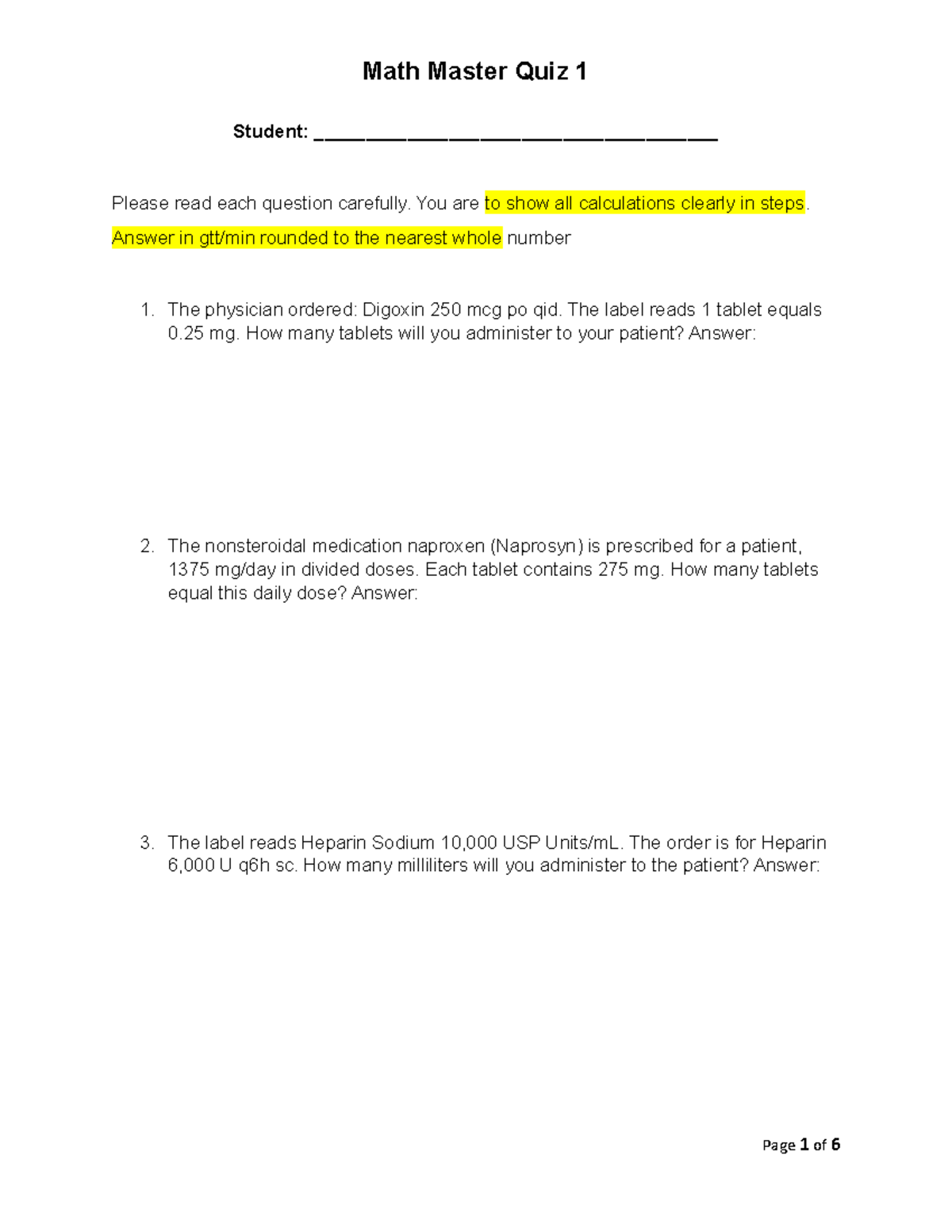 Math Master Quiz 1 - Notes - Student ...