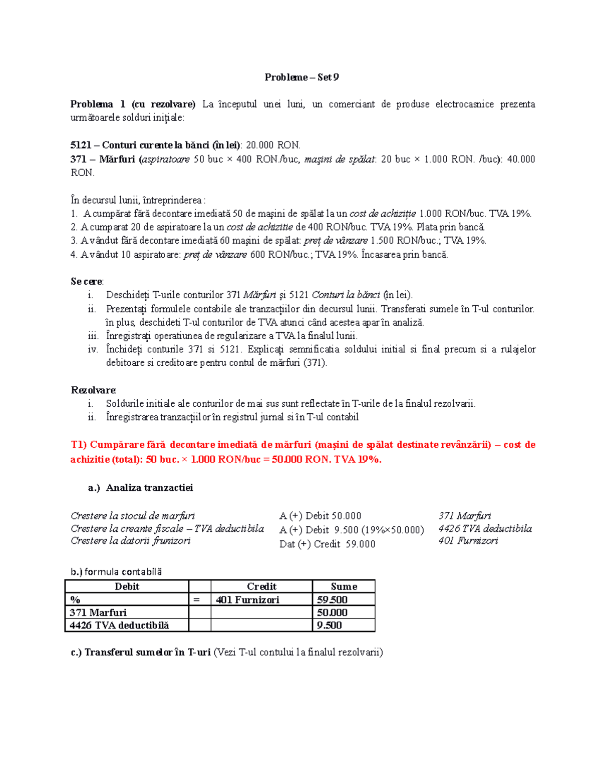 Contabilitate - Setul 9 - Probleme – Set 9 Problema 1 (cu rezolvare) La ...