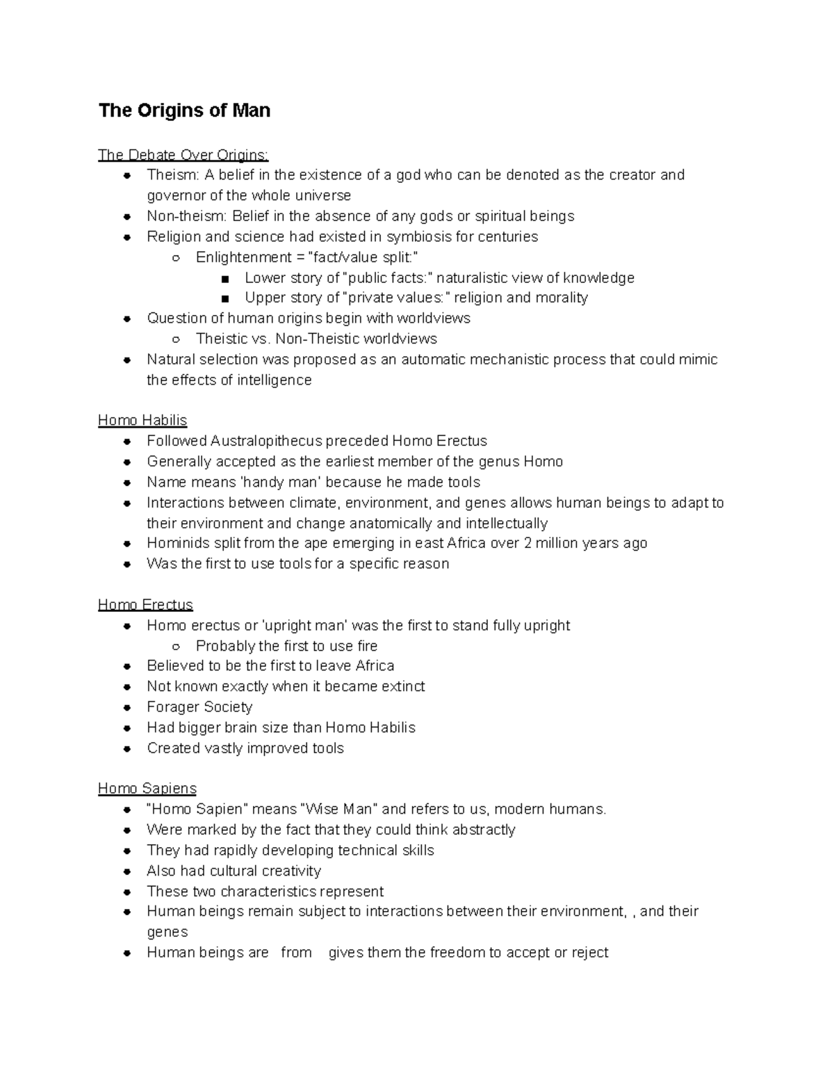 History 1 Notes - The Origins of Man The Debate Over Origins: Theism: A ...