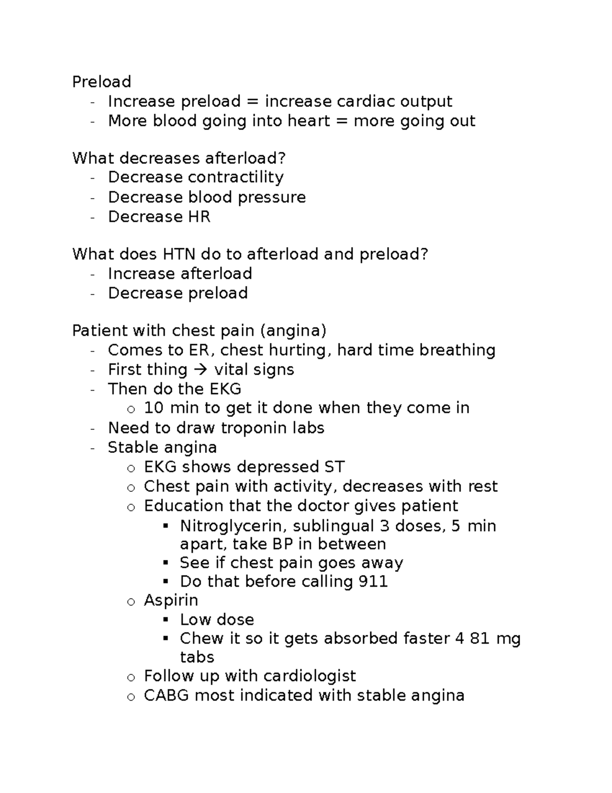 Med Surg Exam 3 Review - lecture notes - Preload - Increase preload ...