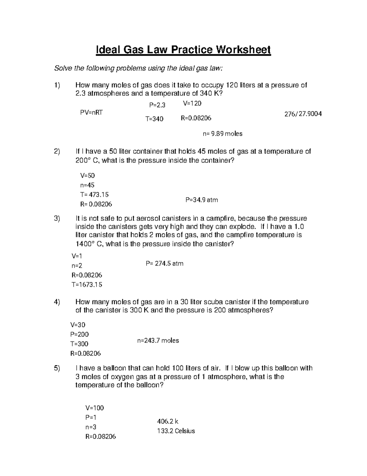 Ideal+Gas+Law+WS - chem - Ideal Gas Law Practice Worksheet Solve the ...