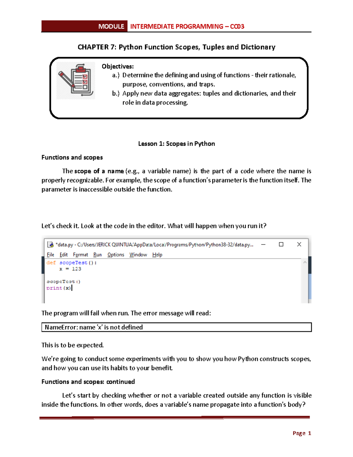 Python Function Scopes Tuples And Dictionary A Variable Name Is