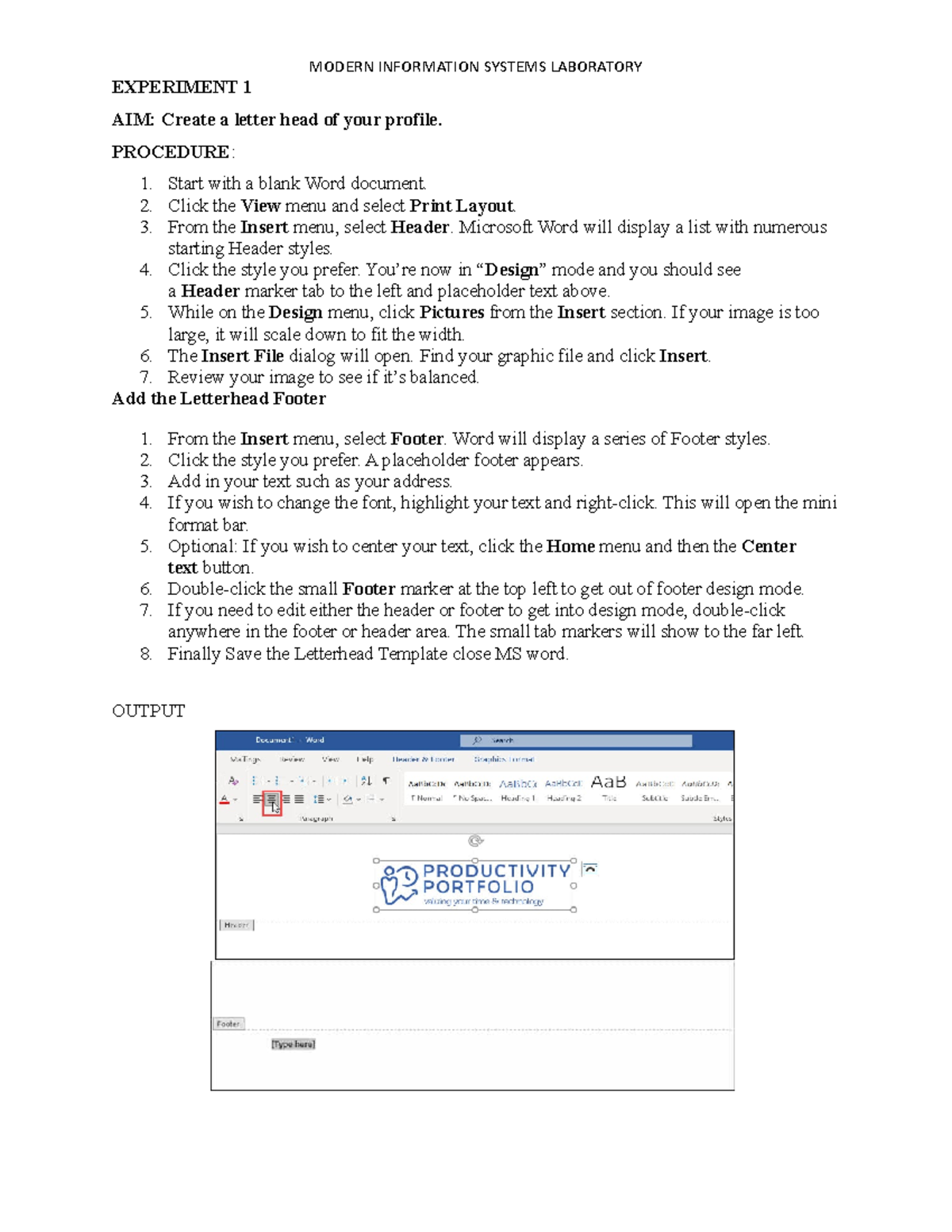 FN modern information laboratory 357 CS 68 - EXPERIMENT 1 AIM: Create a letter head of your ...
