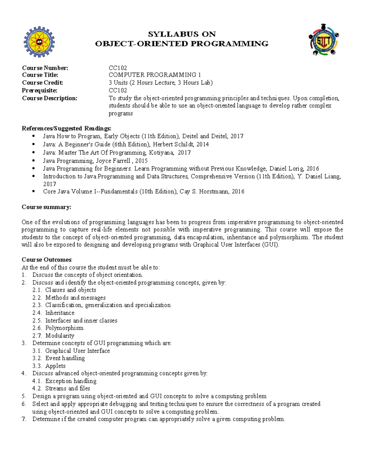 CC102 Syllabus - SYLLABUS ON OBJECT-ORIENTED PROGRAMMING Course Number: CC Course Title ...