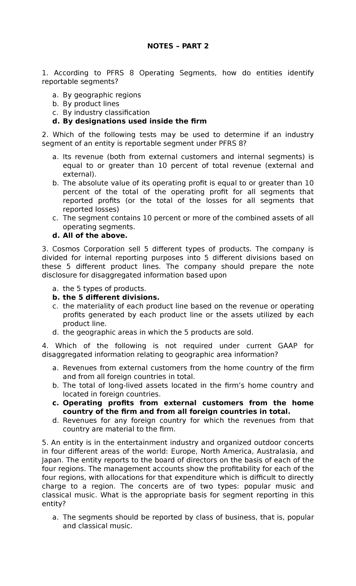 Notes Part2 - NOTES – PART 2 According to PFRS 8 Operating Segments ...