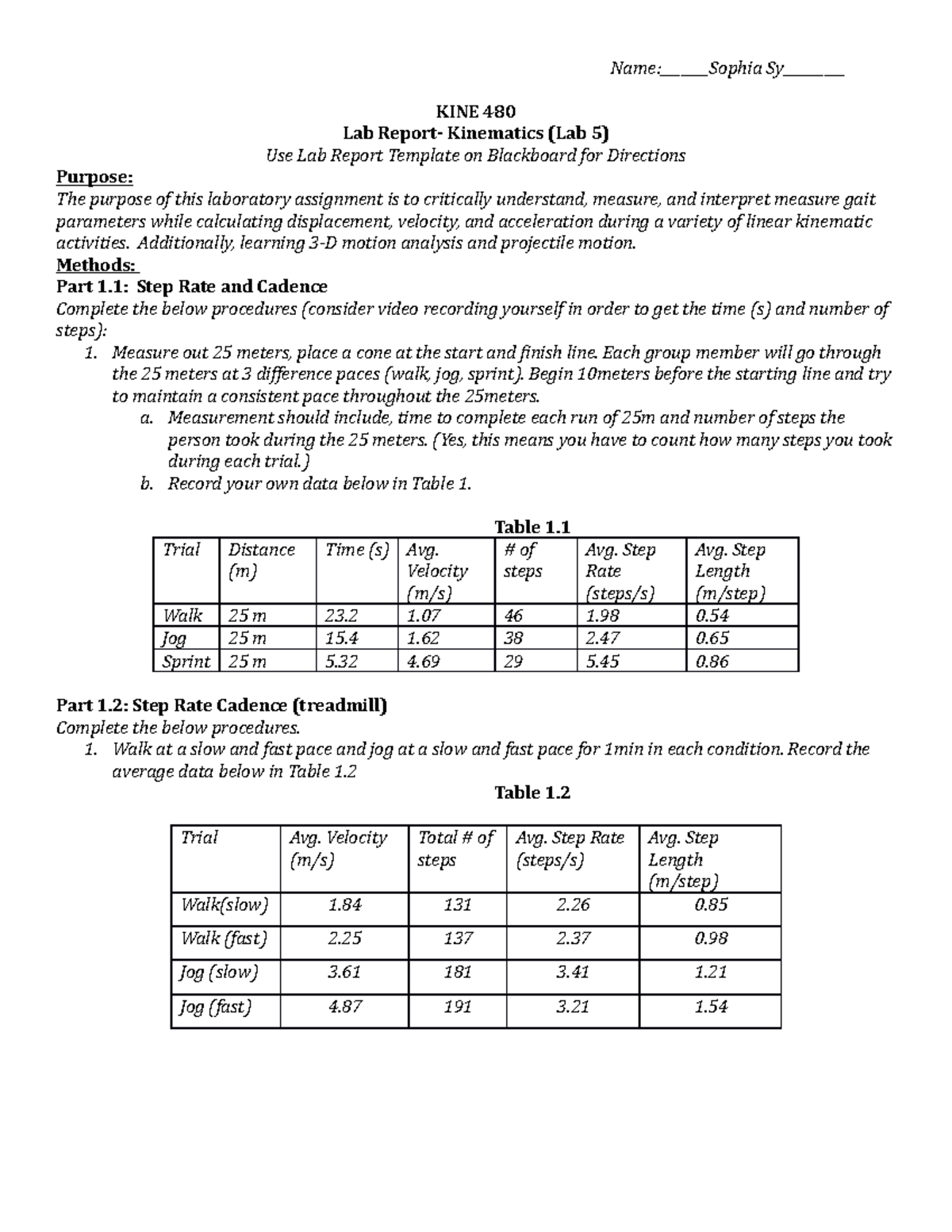 KINE 480 Kinematics Lab (Lab Report) virtual alternative - KINE 480 Lab ...
