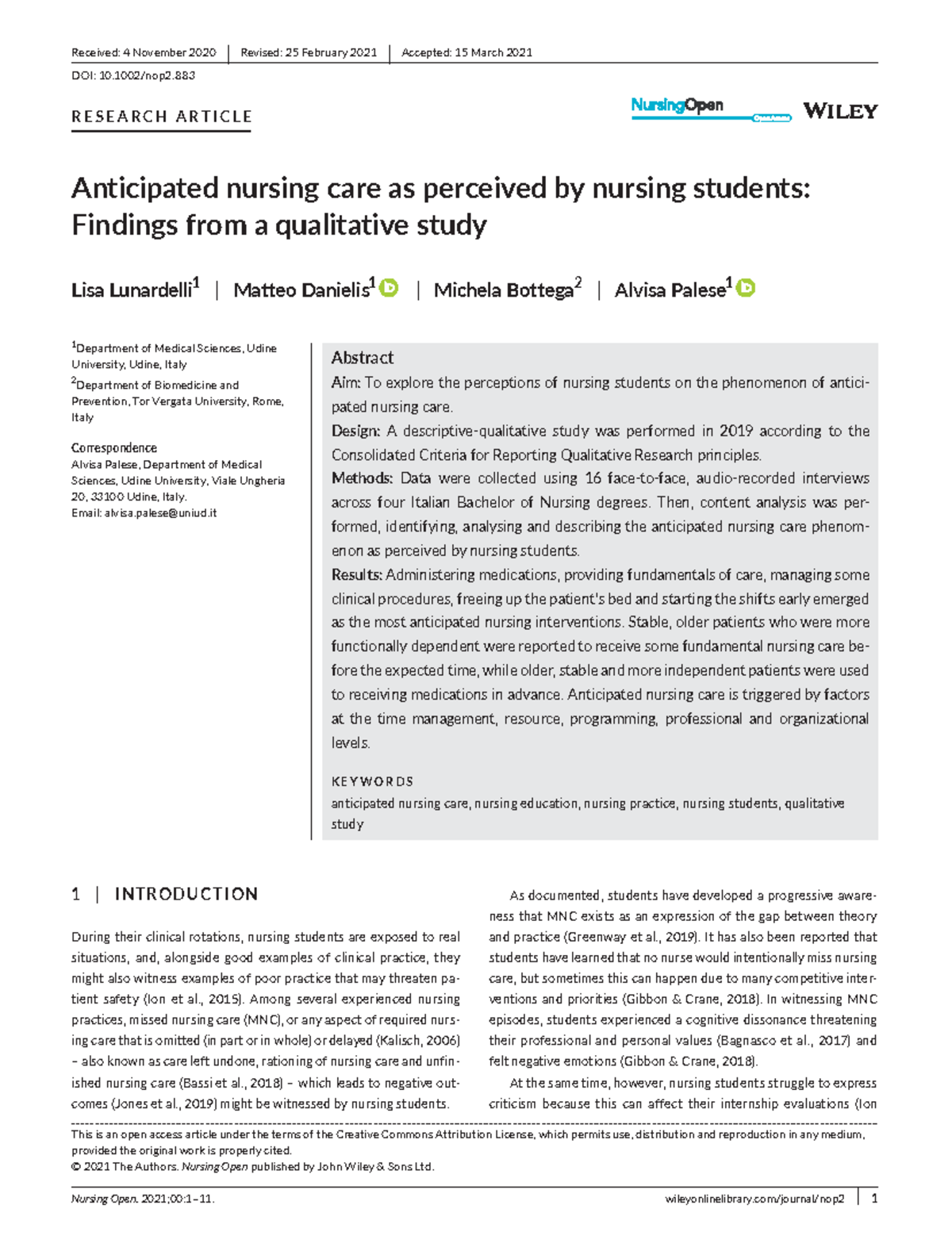 Anticipated nursing care as perceived by - Nursing Open. 2021;00:1–11 ...