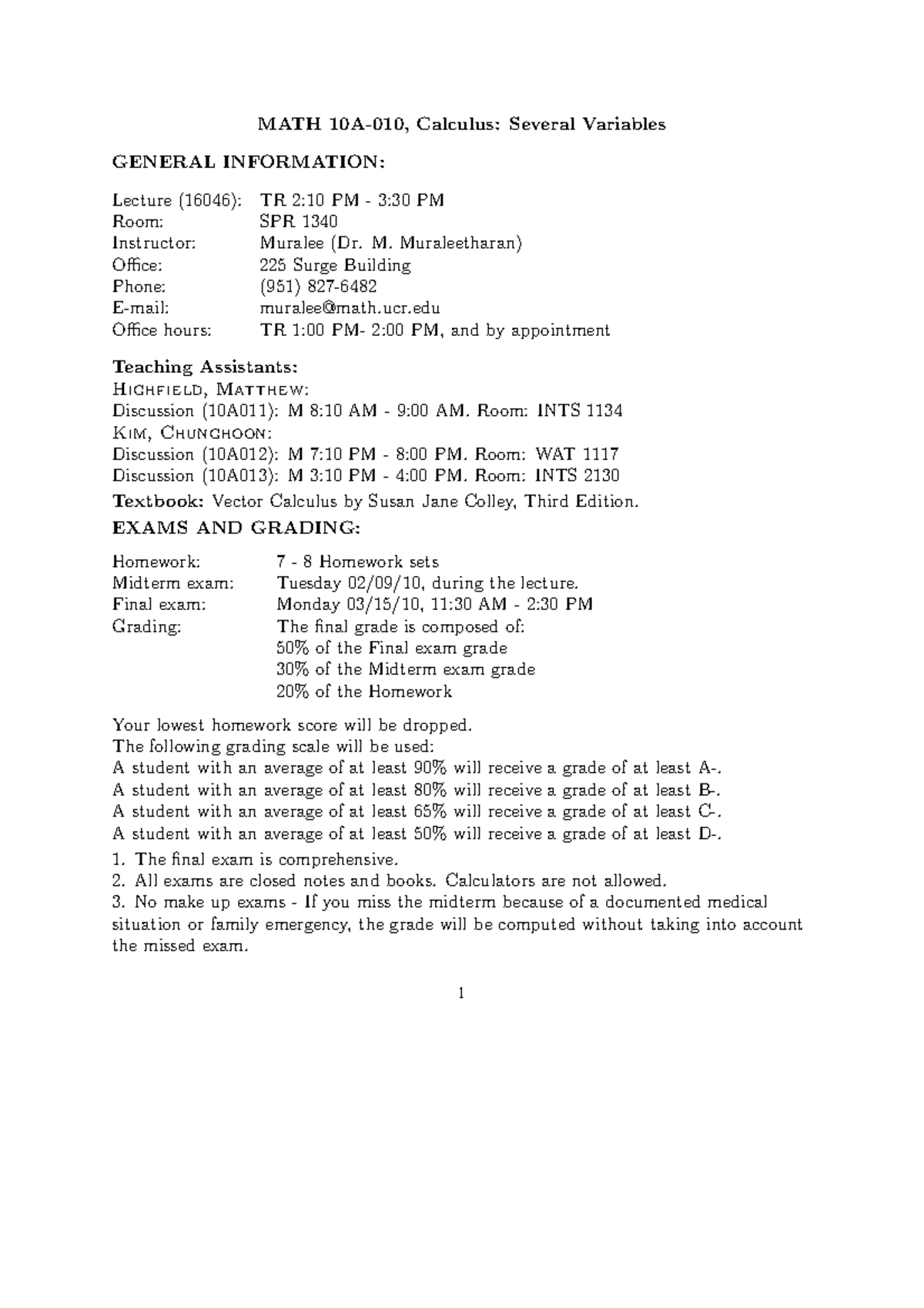 Course info-10A-Winter 10 - MATH 10A-010, Calculus: Several Variables ...
