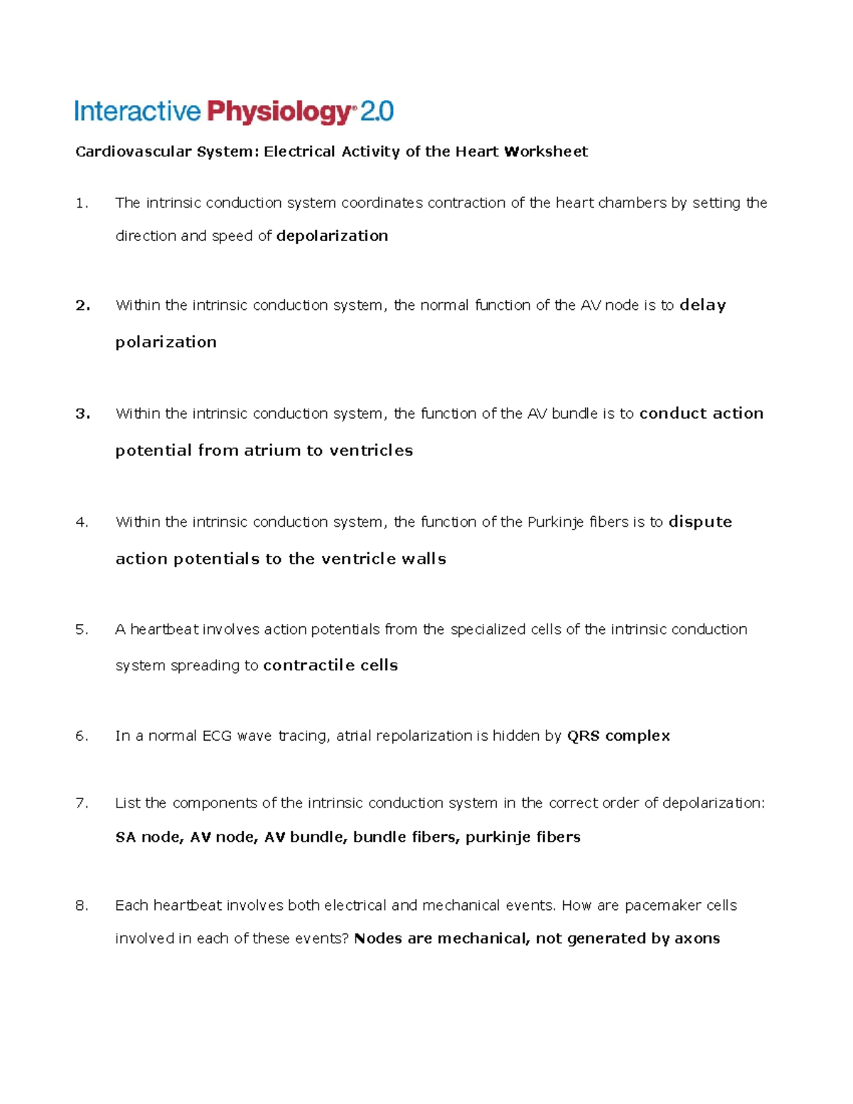 Cardiovascular IP2 Electrical Activity of the Heart Worksheet ...