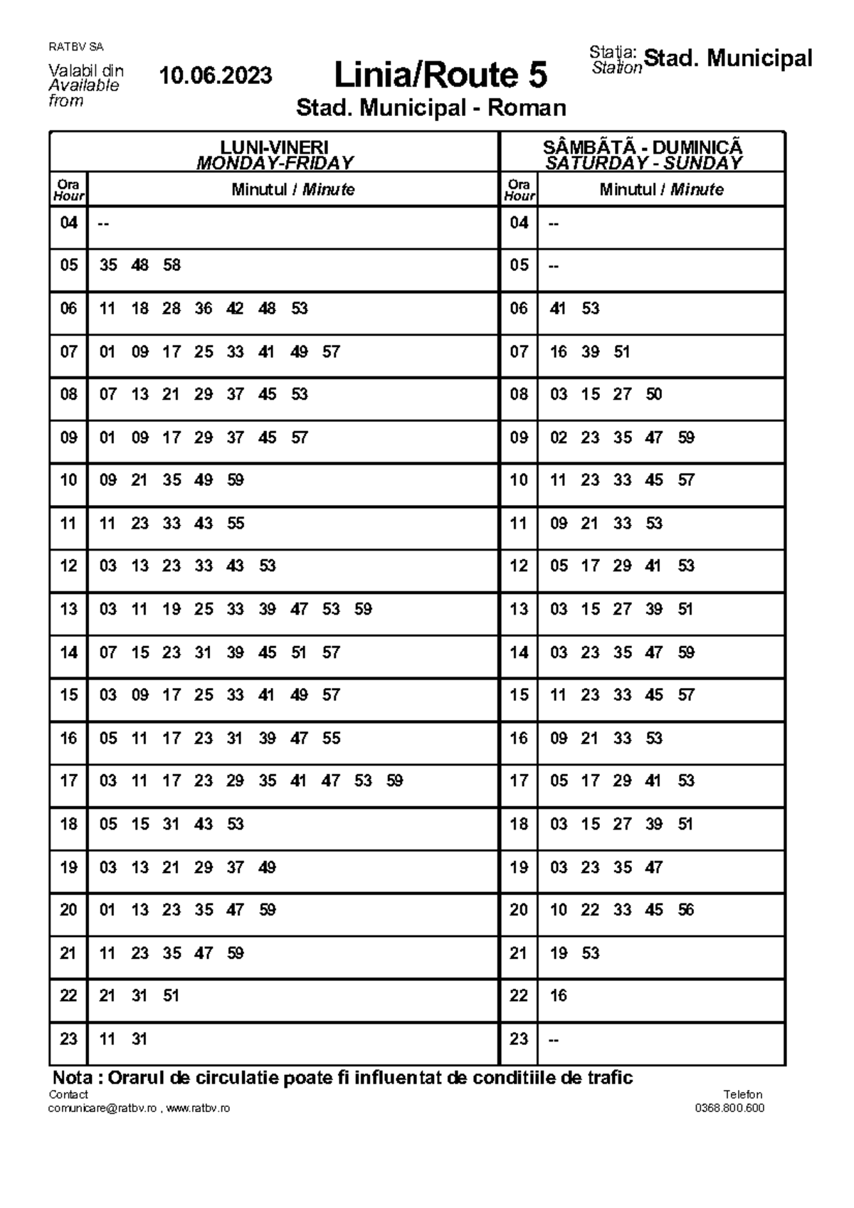 Linia 5 Stad - Nota : Orarul de circulatie poate fi influentat de conditiile de trafic RATBV SA ...