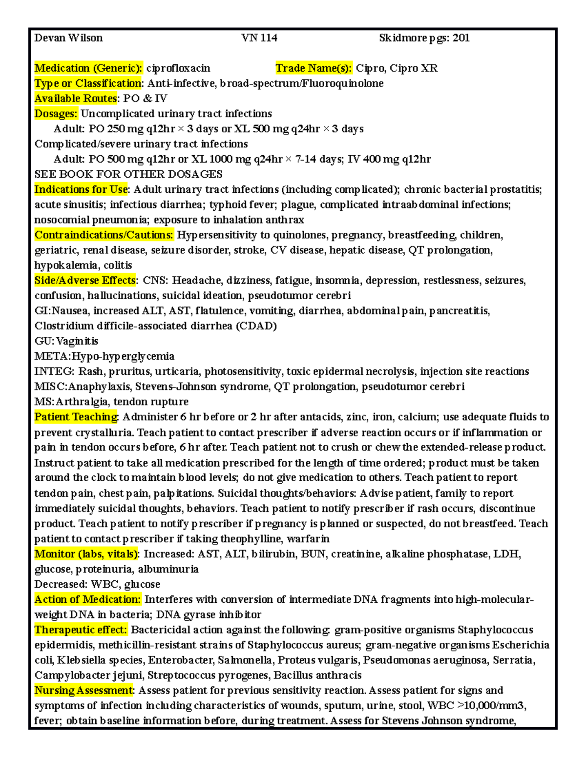 Cipro - Medication Cards - Devan Wilson VN 114 Skidmore pgs: 201 ...