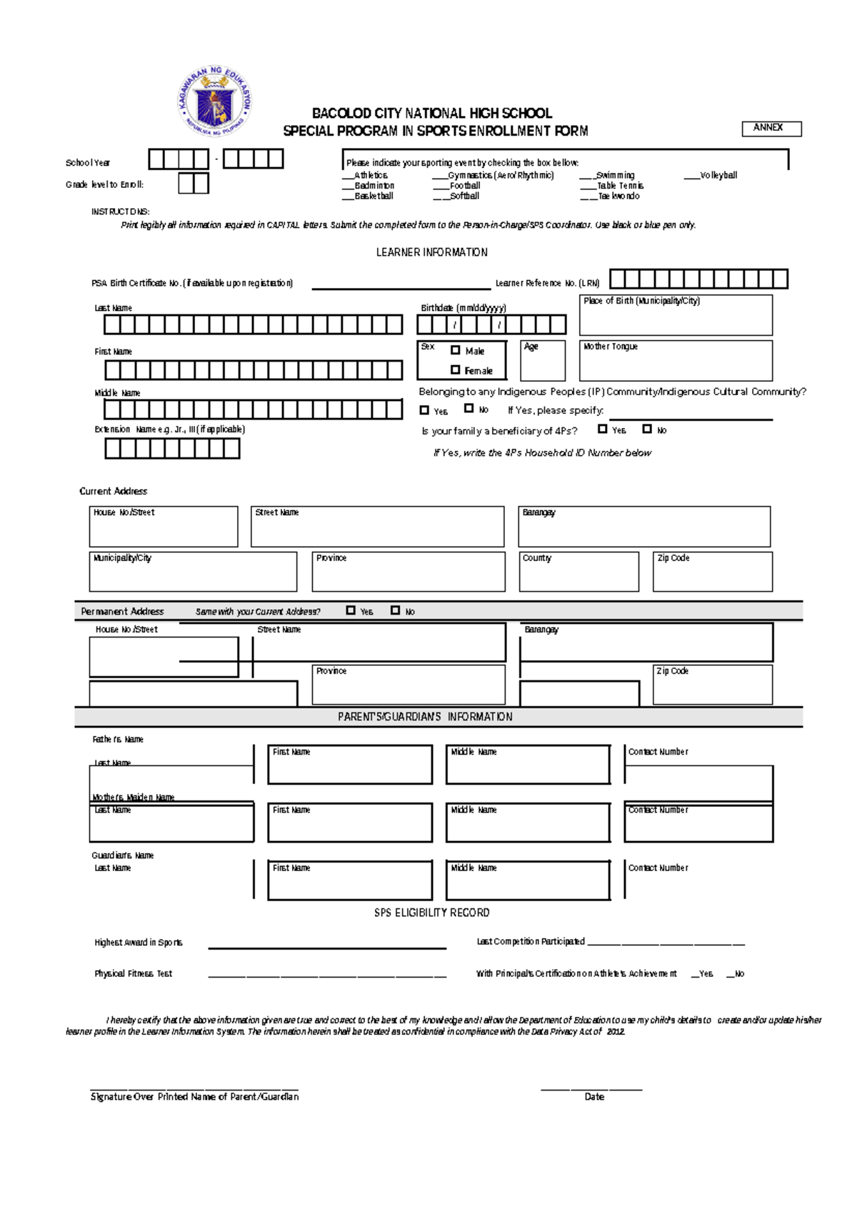enrollment form - Municipality/City Country Place of Birth ...