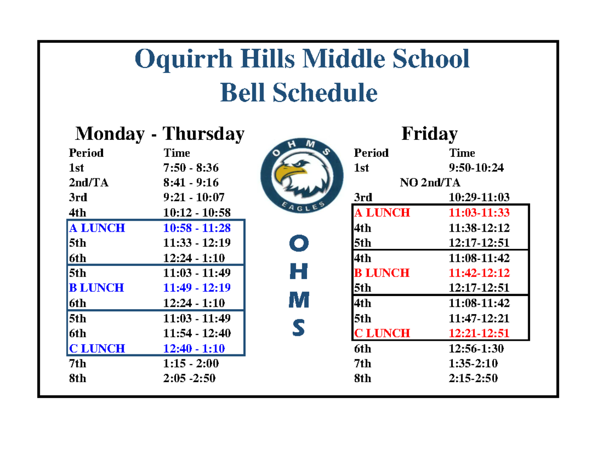 OHMS bell schedule poster 19-20 - Oquirrh Hills Middle School Bell ...