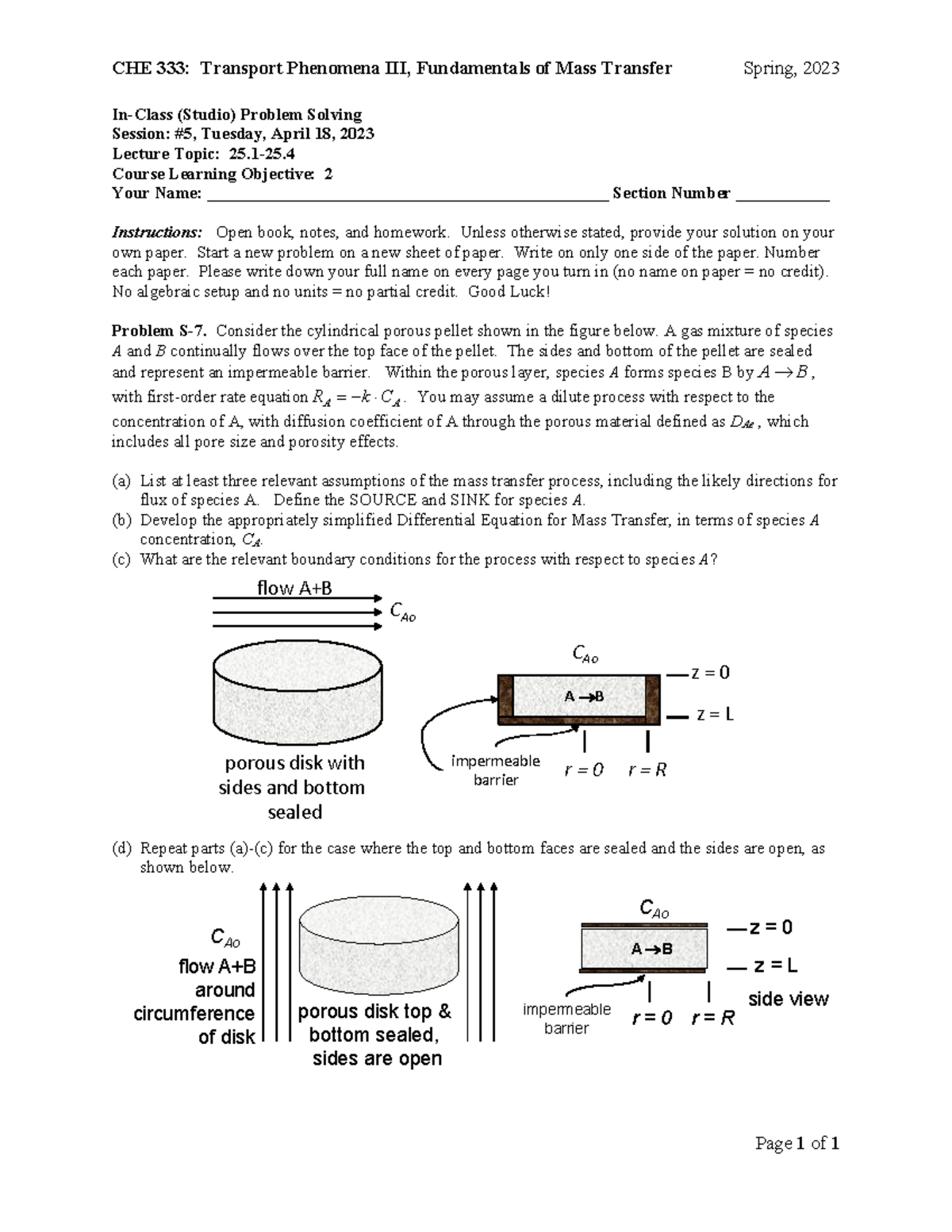 CHE 333 Studio #5 Problems 4-18-23 - CHE 333: Transport Phenomena III, Fundamentals of Mass ...