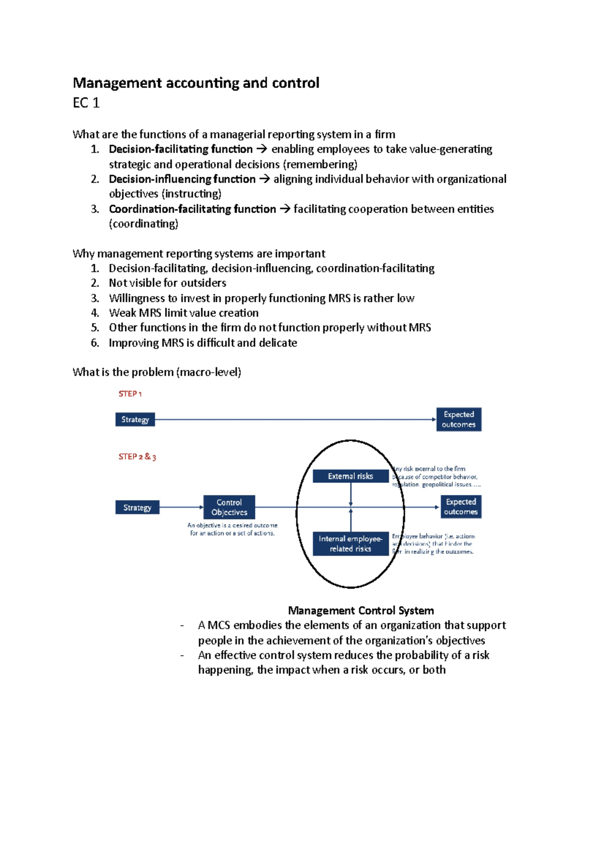 Samenvatting college slides - Management accounting and control EC 1 ...
