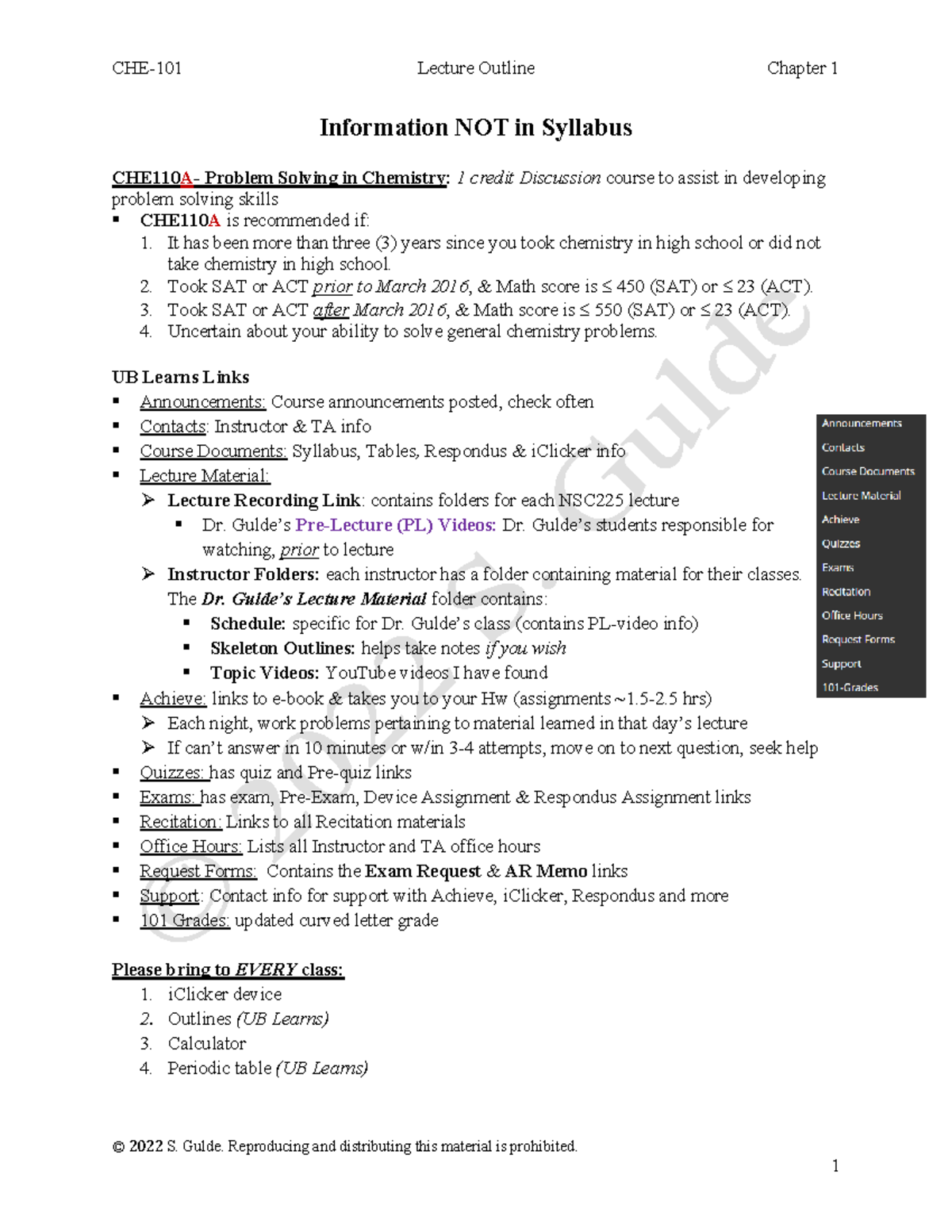 CHE 101 Chapter 1 Outline - © 20 22 S. Gulde. Reproducing and ...