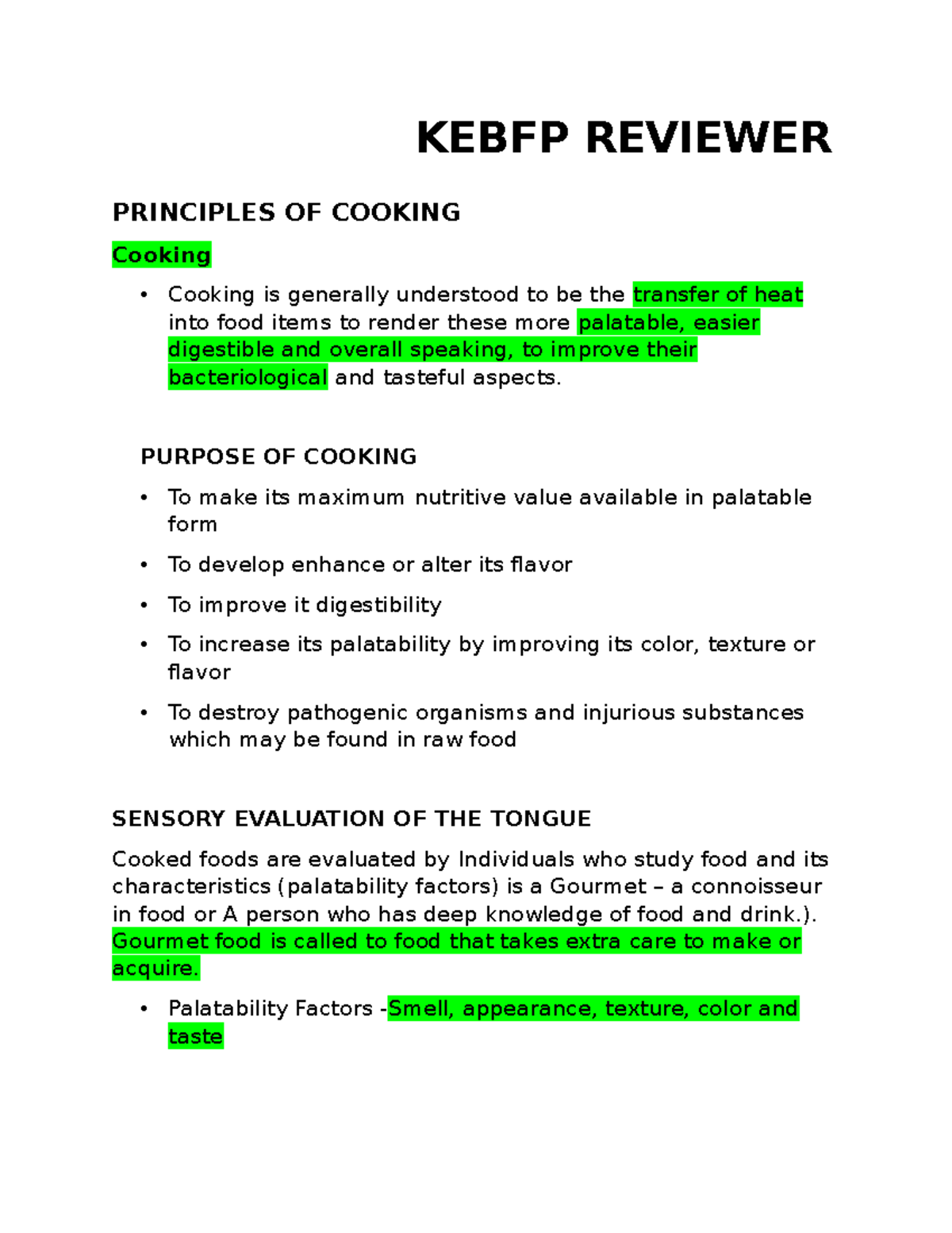 Kebfp Reviewer - notes - KEBFP REVIEWER PRINCIPLES OF COOKING Cooking ...