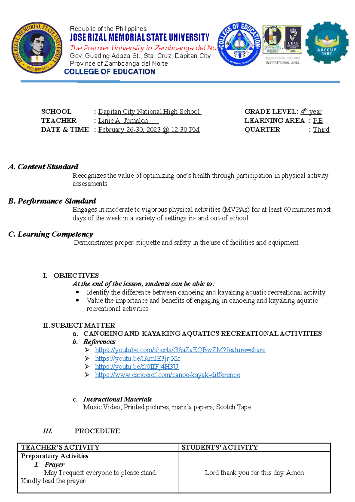 Detailed Lesson PLAN IN Kayaking AND Canoeing - Republic of the ...