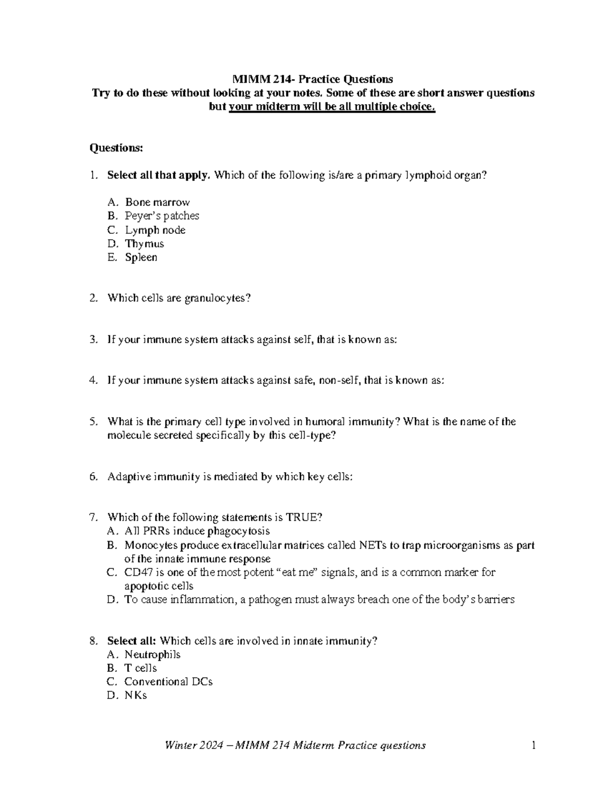 MIMM 214 - Practice midterm question 2024 - MIMM 214- Practice ...