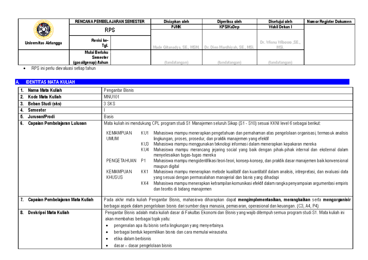 SEM 1 - RPS - Pengantar Bisnis 2022 - Universitas Airlangga RPS PJMK ...