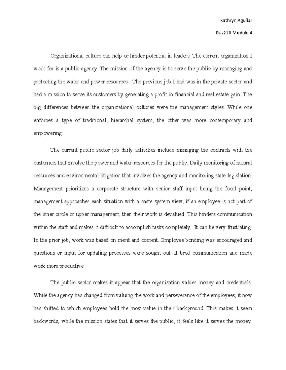 BUS210 Mod 4 - Organizational Culture Essay - Kathryn Aguilar Bus210 ...