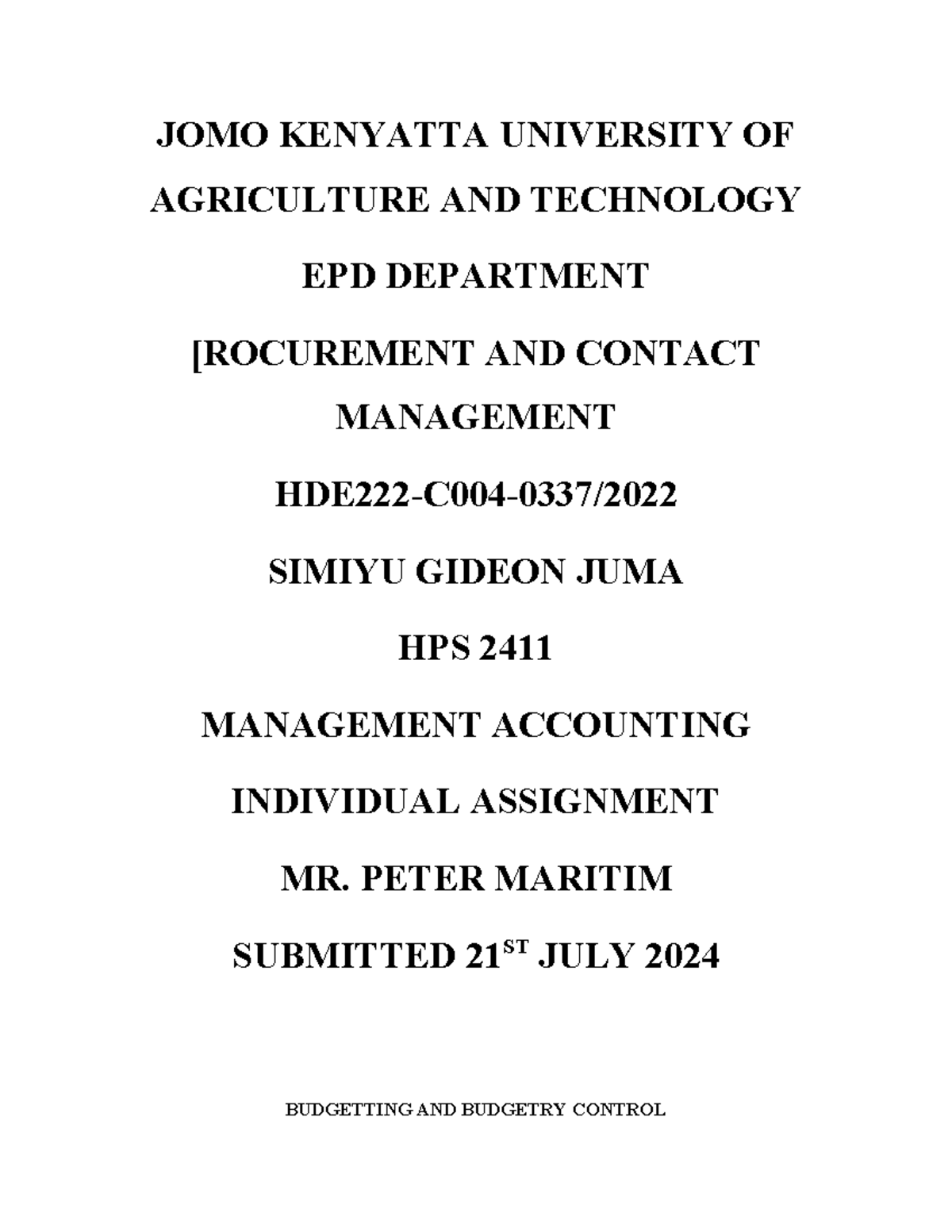 Management accounting assignment - JOMO KENYATTA UNIVERSITY OF ...