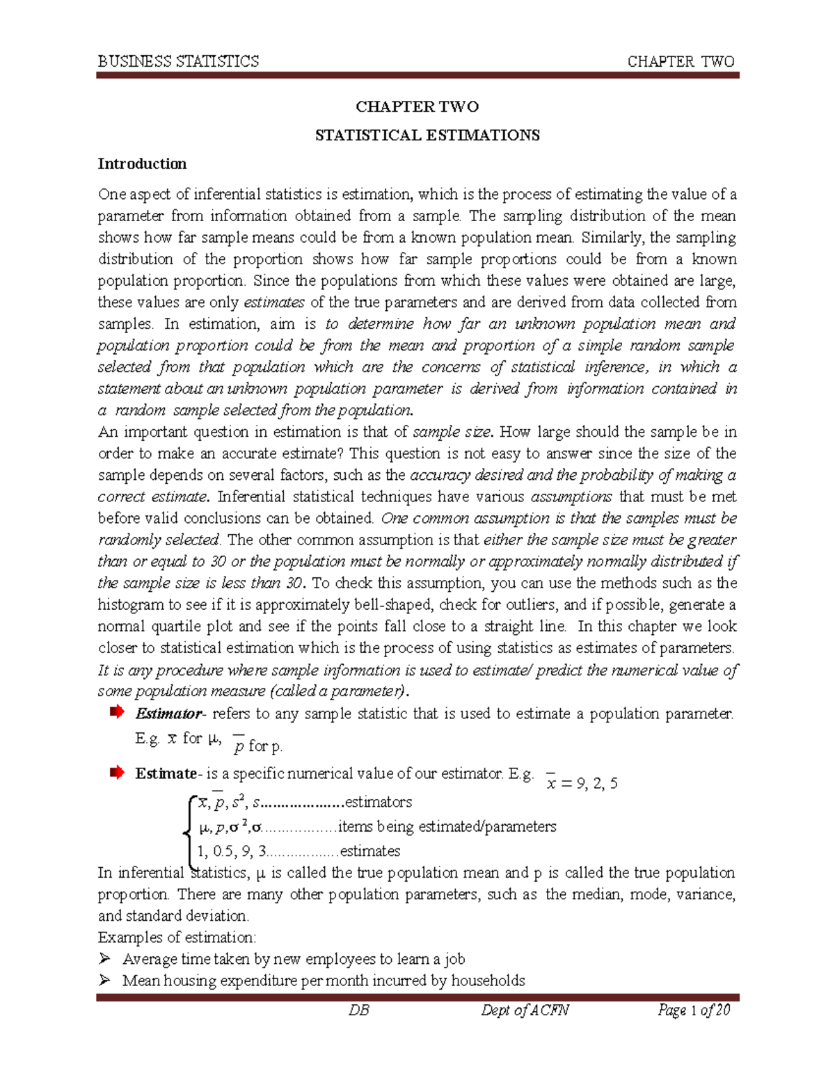 Busines Statistics Chap II - BUSINESS STATISTICS CHAPTER TWO DB Dept of ...
