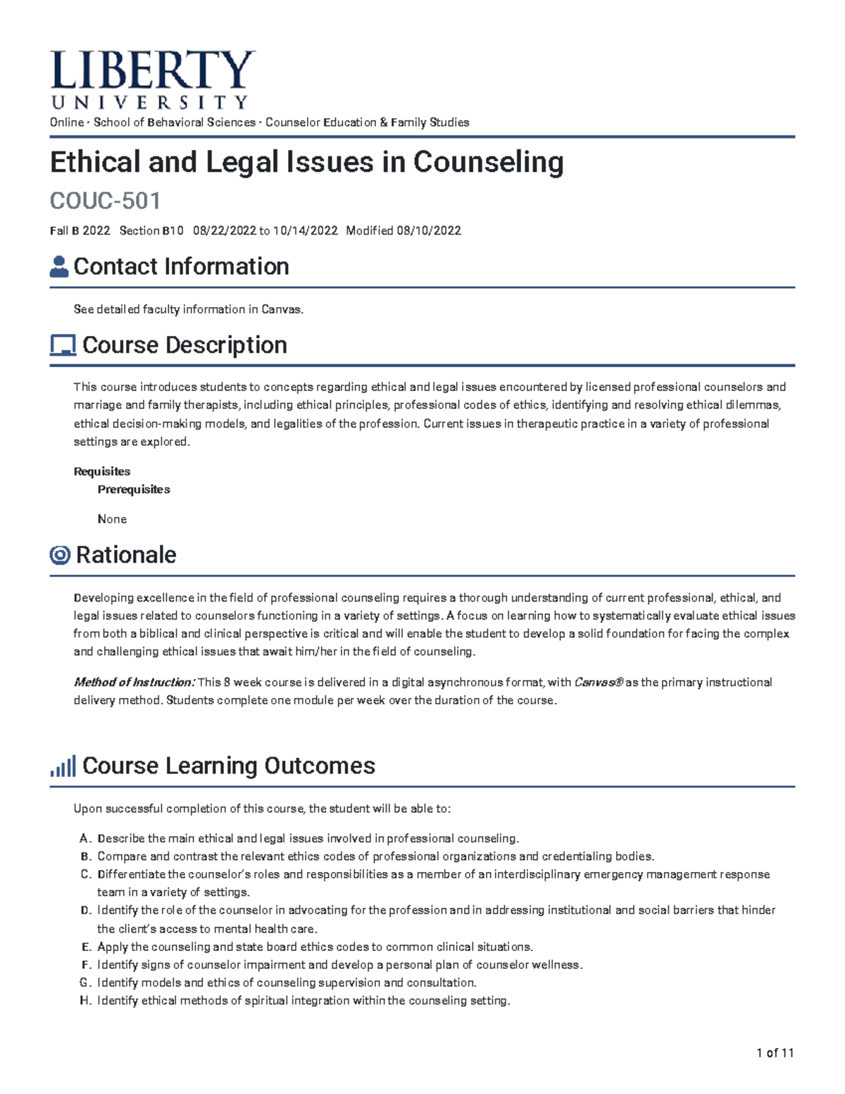 Ethical and Legal Issues in Counseling COUC 501 Fall B 2022 - Contact ...