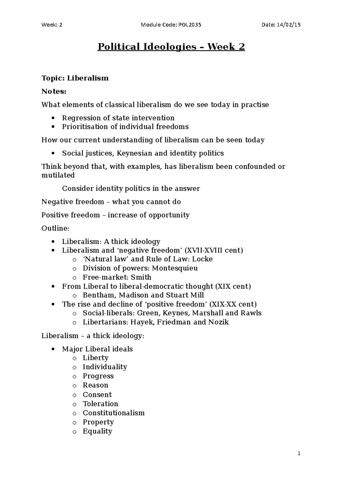Political Ideologies - week 2 - Week: 2 Module Code: POL2035 Date: 14 ...