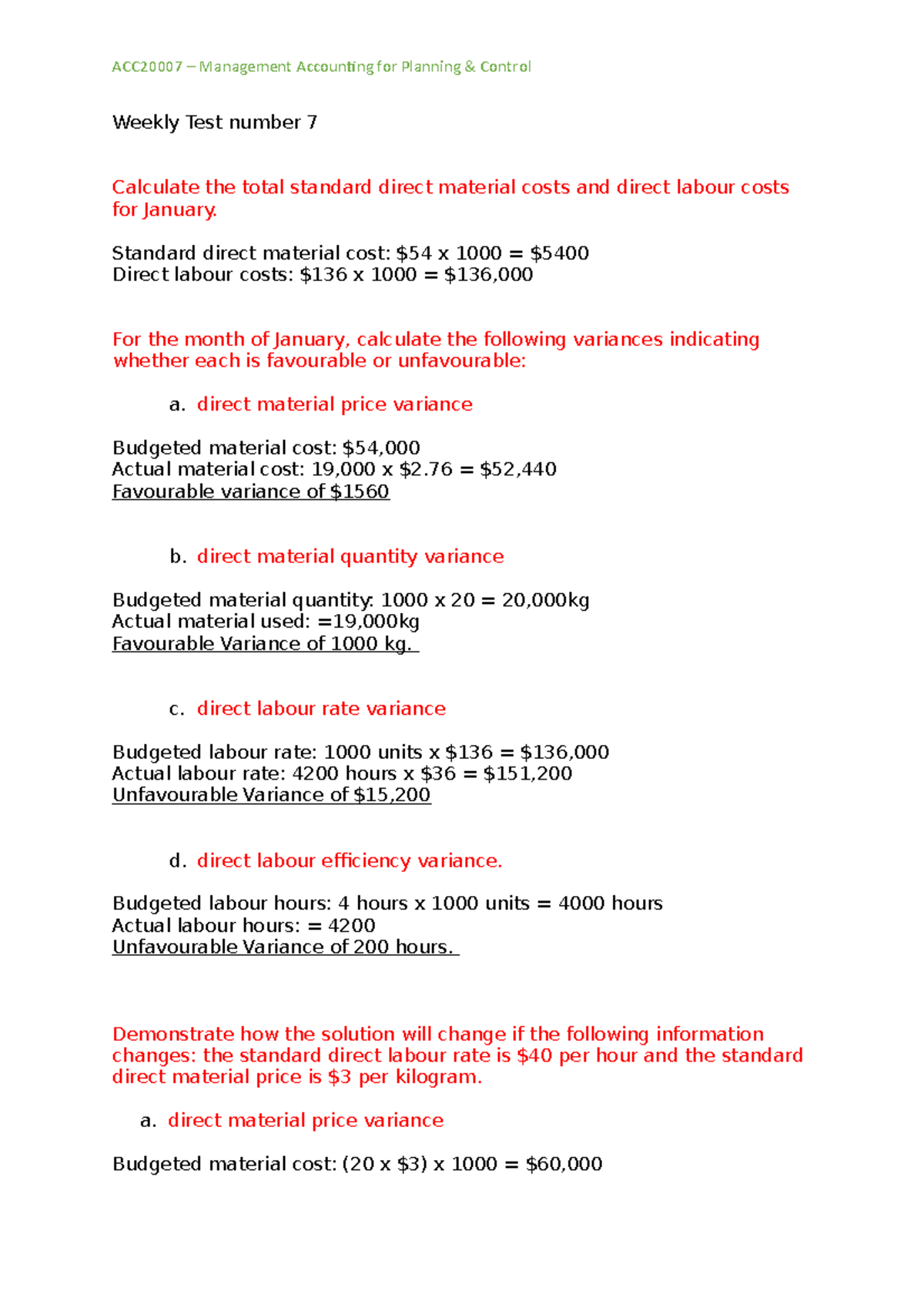 ACC20007 weekly test 7 - ACC20007 – Management Accouning for Planning ...