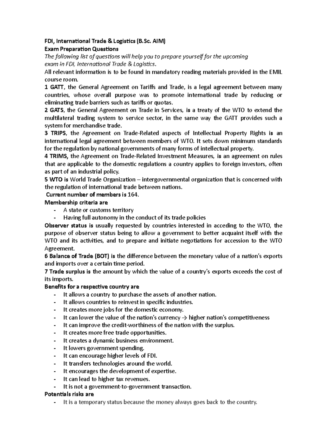 FDI Exam questions + answers - FDI, International Trade & Logistics (B ...