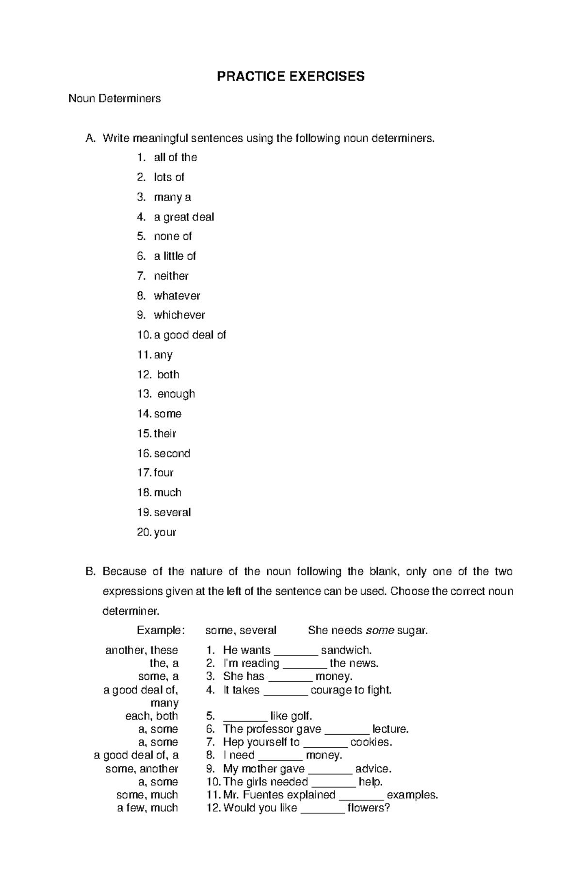 Noun Determiner Practice Exercises - PRACTICE EXERCISES Noun ...