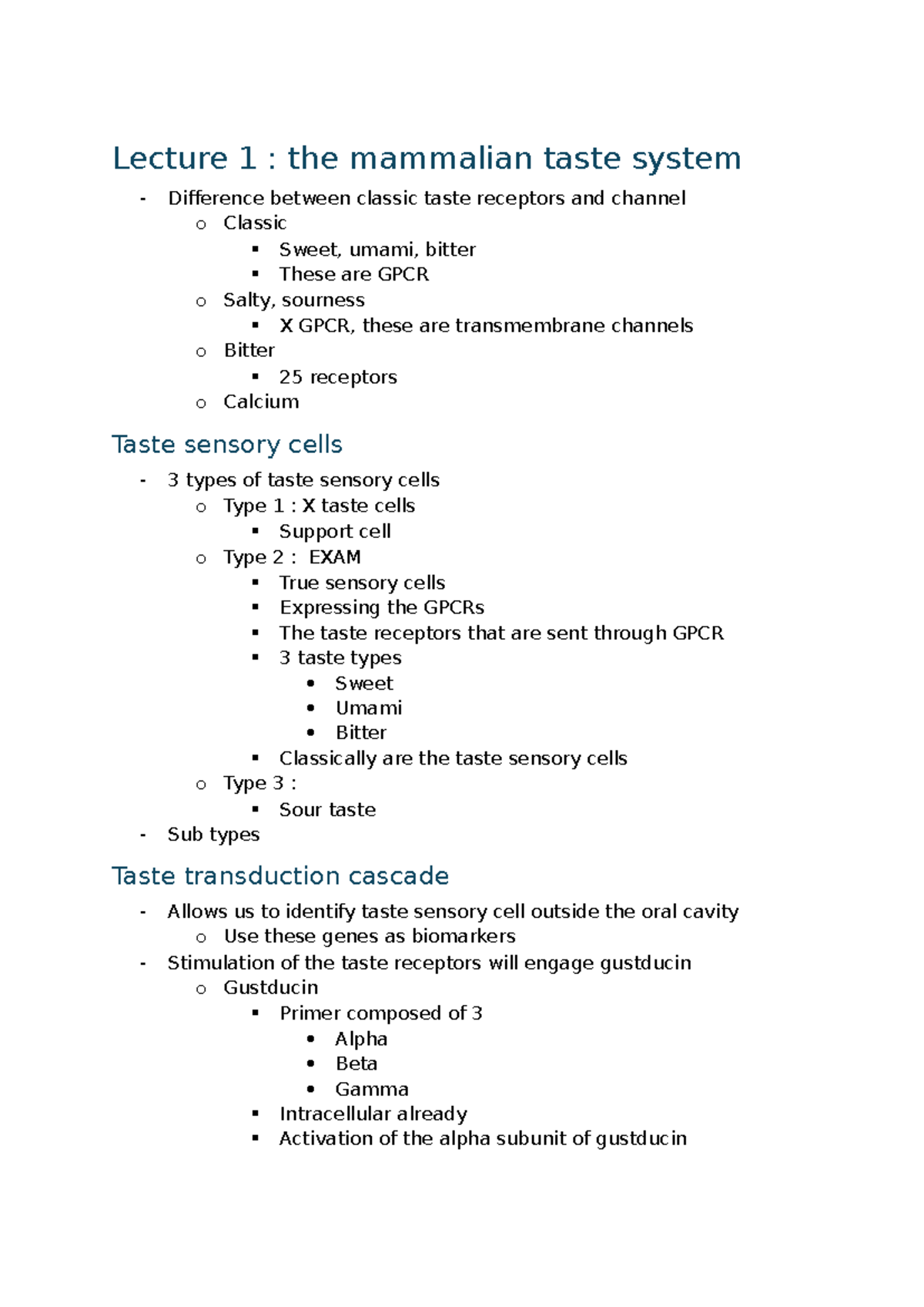 Module 2 - sum - Lecture 1 : the mammalian taste system - Difference ...