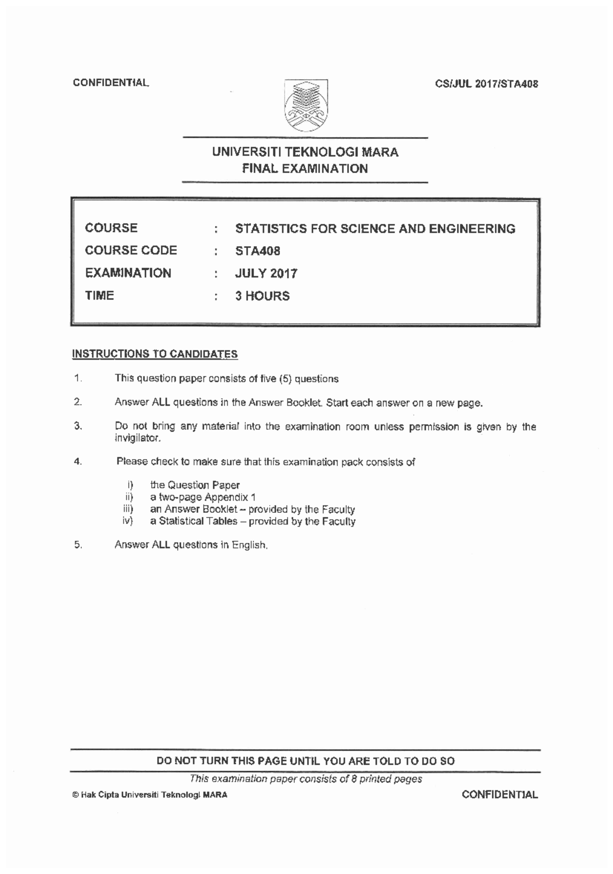 Final EXAM Julai 2017 - Statistics For Science And Engineering - Studocu