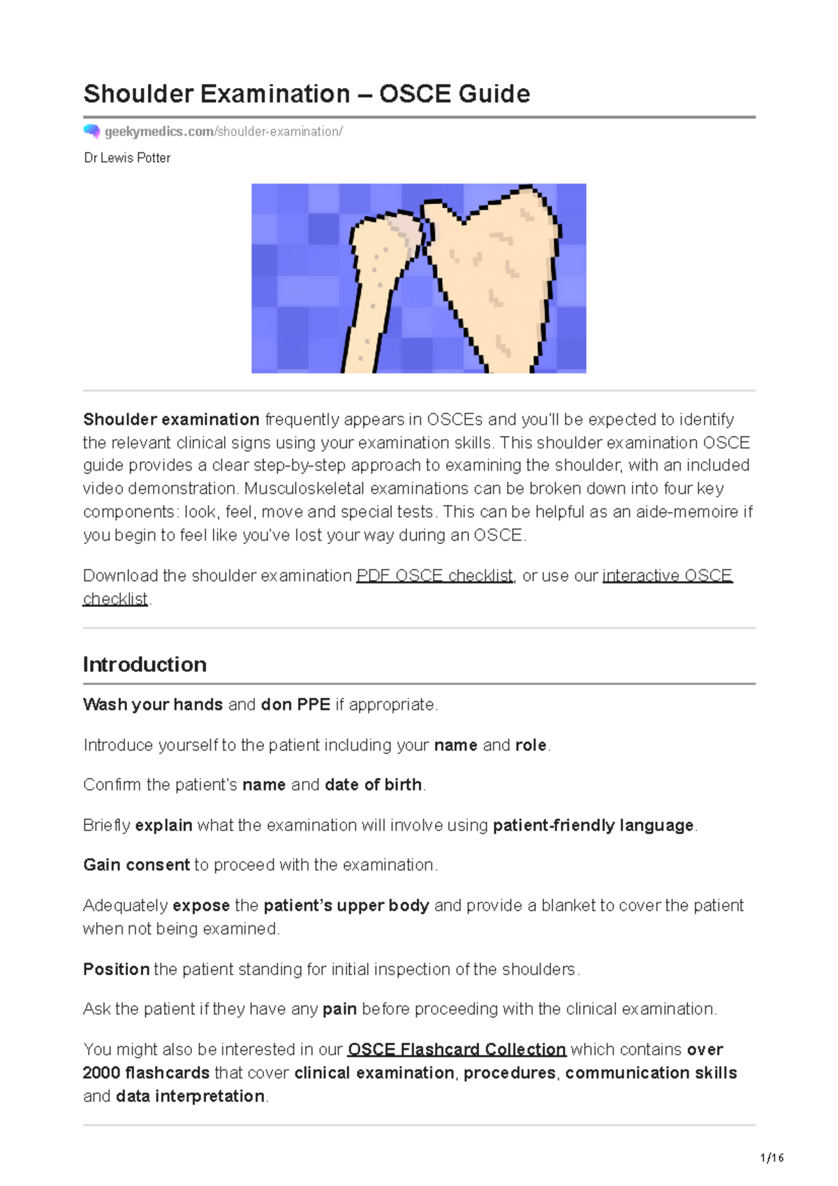 Limbs Upper Limb Examination - Dr Lewis Potter Shoulder Examination – OSCE Guide - Studocu