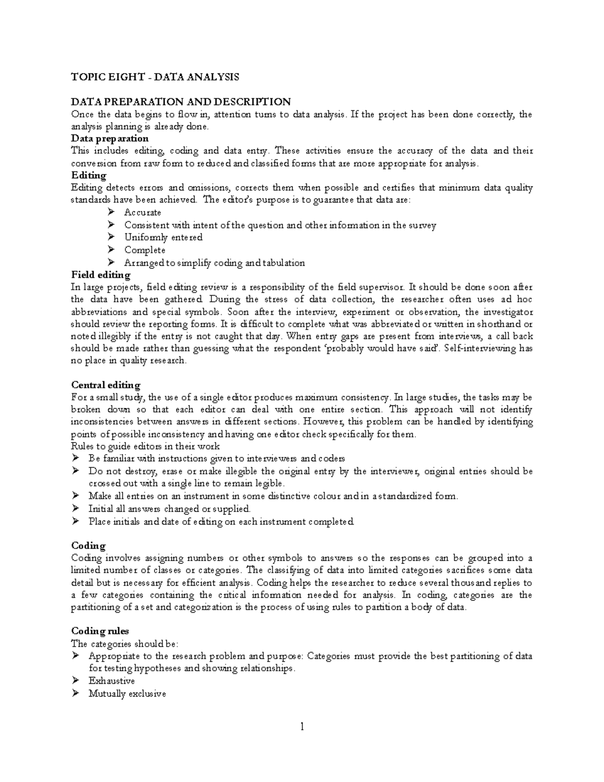 Topic 8 - lectures notes - 1 TOPIC EIGHT - DATA ANALYSIS DATA ...