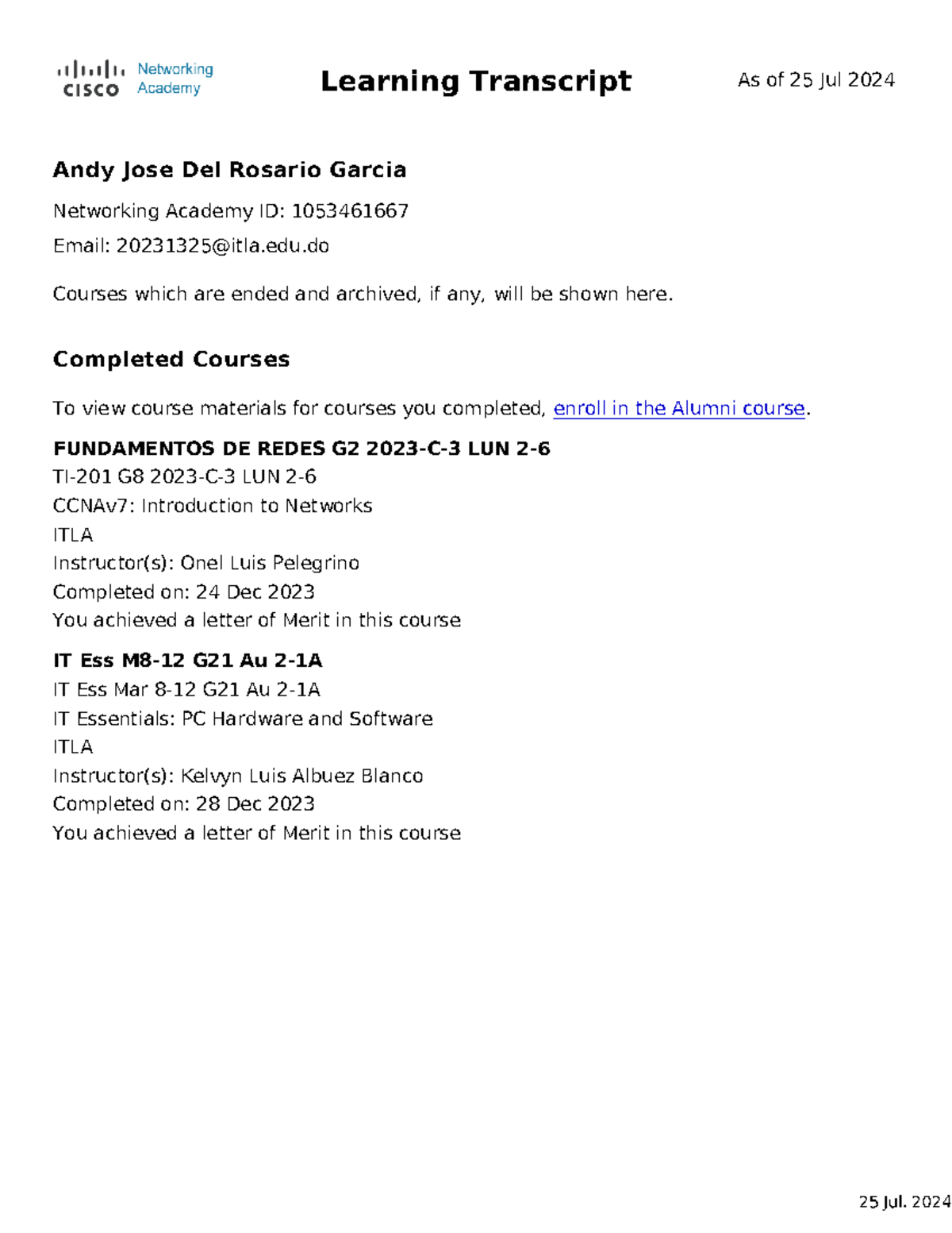 Net Acad Learning Transcript - Learning Transcript As of 25 Jul 2024 ...