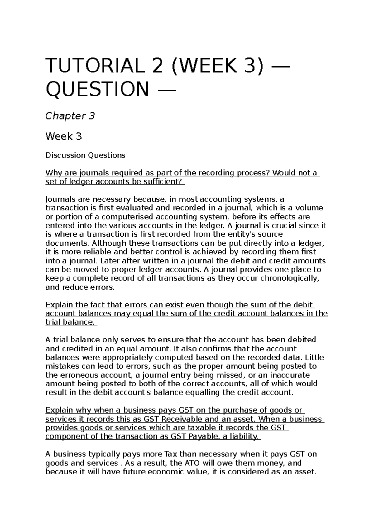 Tutorial 2 - TUTORIAL 2 (WEEK 3) — QUESTION — Chapter 3 Week 3 ...