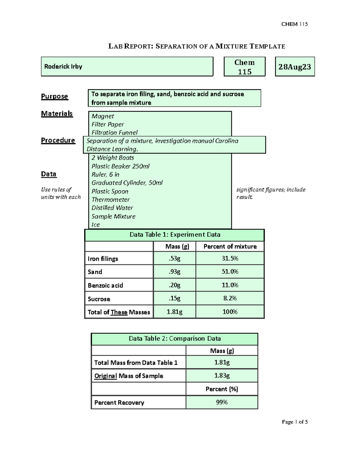 Lab Report Separation of a Mixture Template - LAB REPORT: SEPARATION OF A MIXTURE TEMPLATE ...
