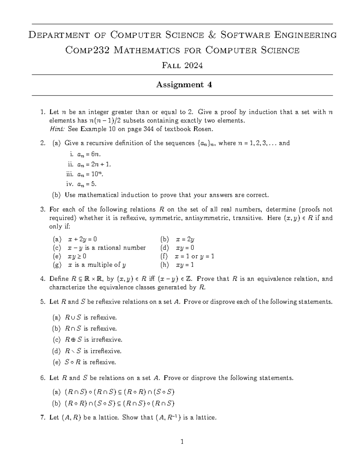 Assignment 5 - Department of Computer Science & Software Engineering Comp232 Mathematics for ...