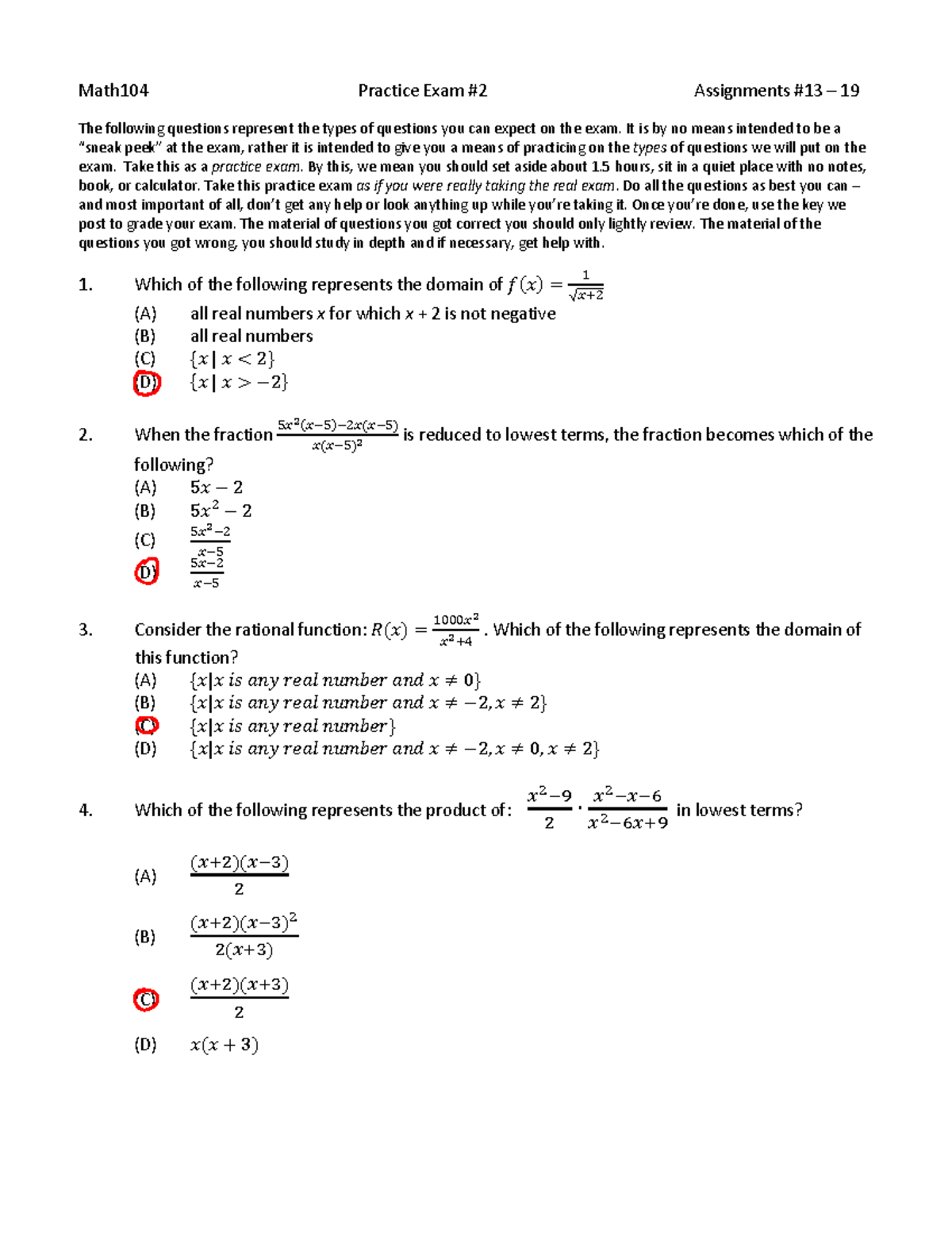 Exam 2 practice answers - Math104 Practice Exam #2 Assignments #13 – 19 ...