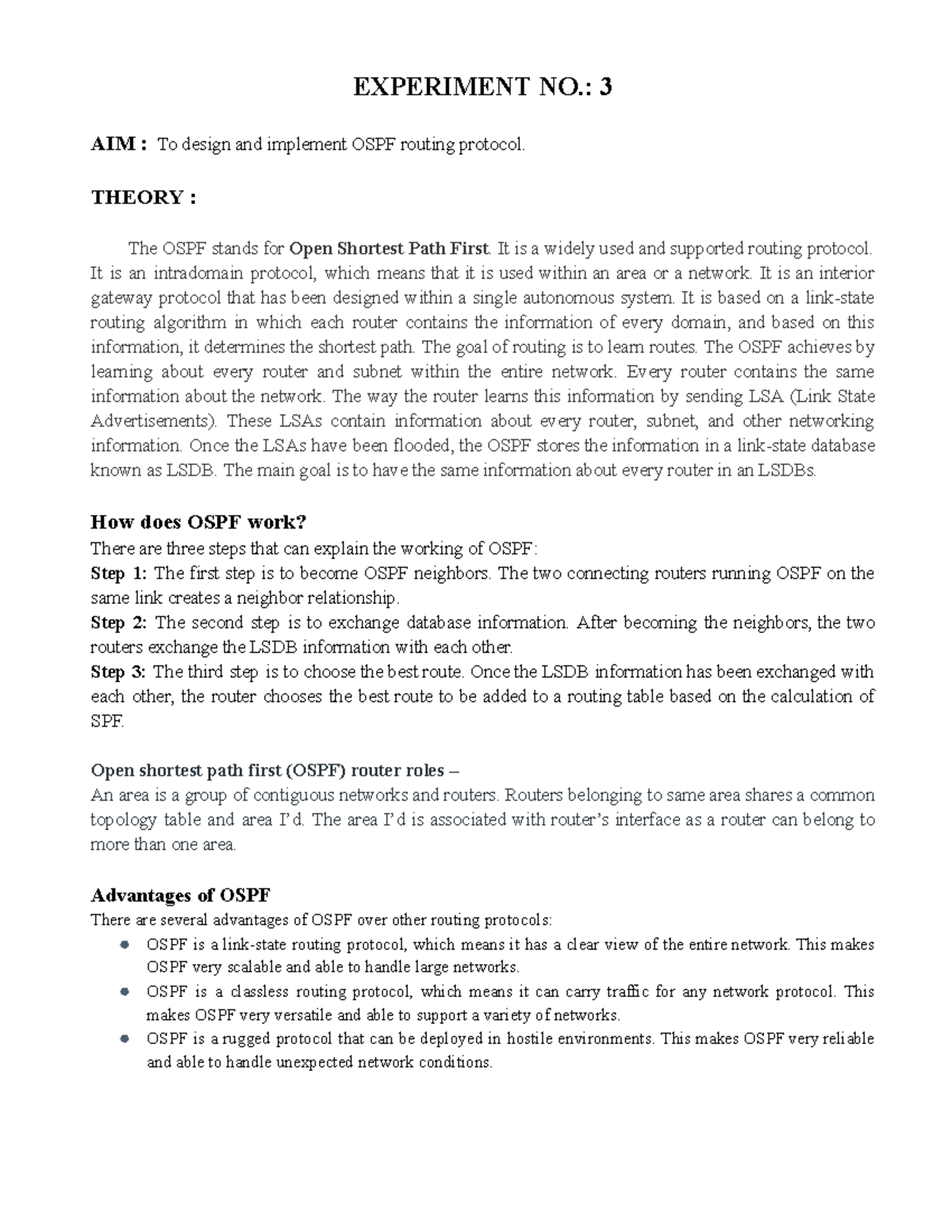 DCN EXP 3 - OSPF in Computer Networks using Cisco Packet tracer - EXPERIMENT NO.: 3 AIM : To ...