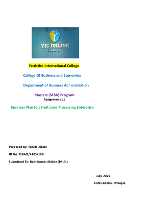 Entrepreneurship and Enterprise Development Business plan Assignment 02 ...